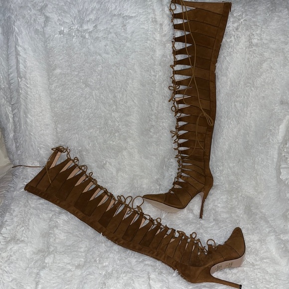 Shoes | Gladiator Sz 8 Over The Knee Heeled Boots Heel Thigh High Tan ...